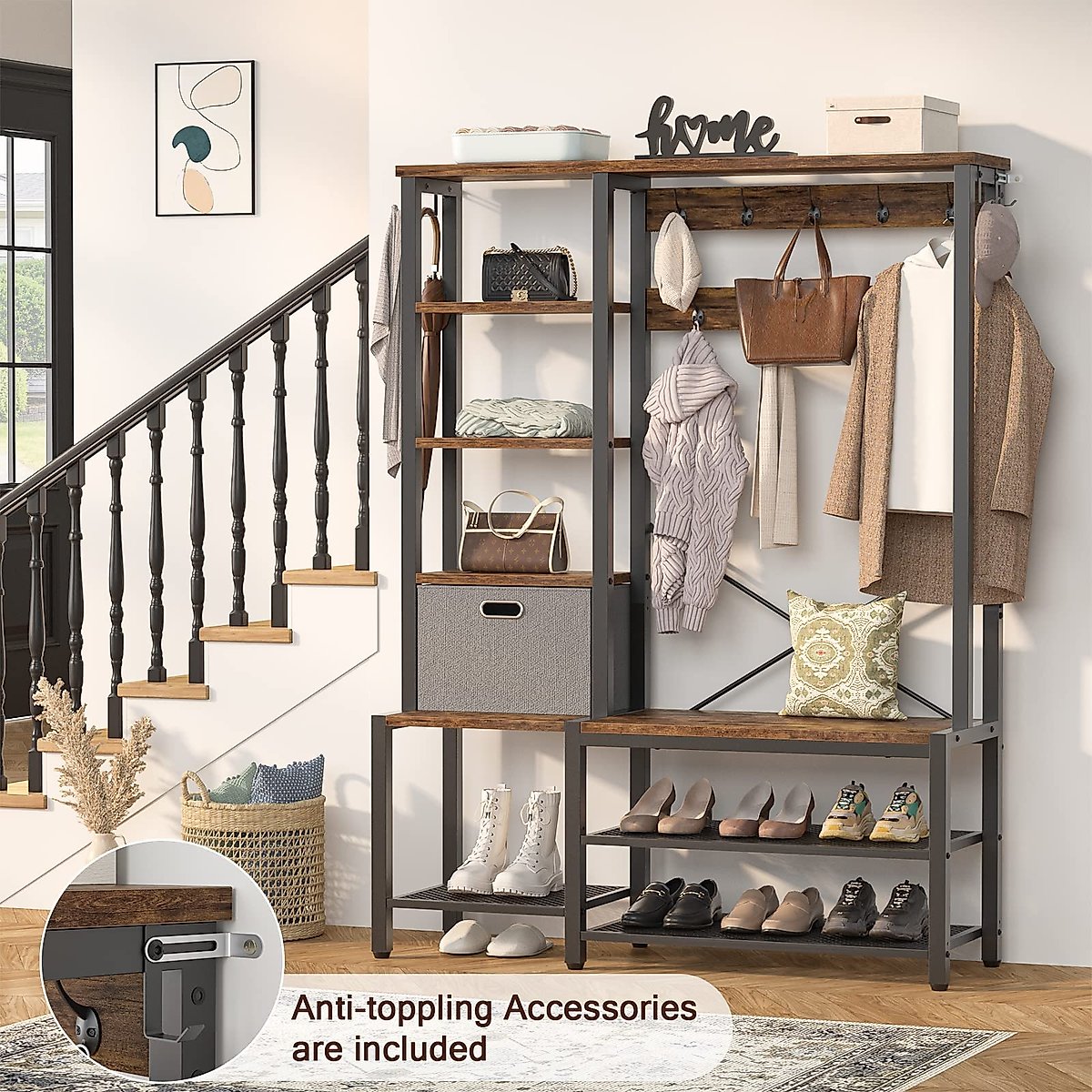 Aheaplus Hall Tree with Storage Bench, Coat Rack with LED Lights, 5-Tier Shelves, Fabric Storage Basket, Side Hooks, 71’’ Industrial 5 in 1 Large Organizer, Sturdy Metal Frame, Rustic Brown