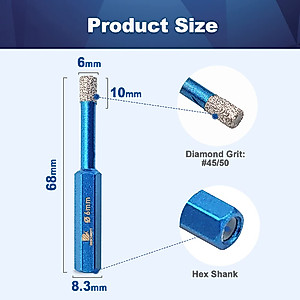 Dry Diamond Drill Bit Set,BRSCHNITT 2pcs 1/4 Inch (6mm) Diamond Hole Saw Core Drill Bit for Porcelain Tile Ceramic Stone Granite Marble,Hex Shank Dry Drilling Diamond Core Drill Bit Kit