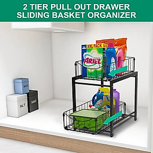 SIMCAS Under Kitchen Sink Organizers and Storage, 2-Tier Pull Out Cabinet Organizer with Sliding Basket Drawers for Under Sink Storage, Bathroom Sink Organizer Shelf, Pull Out Home Organizers, Black