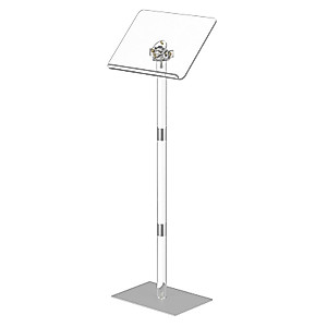 HMYHUM Small Acrylic Podium Stand, Angle Adjustable, 15.7" L x 11.8" W x 42.3" H, Modern Lecterns & Pulpits for Classroom, Concert, Church, Speech, Easy Assembly, Metal Base, Clear