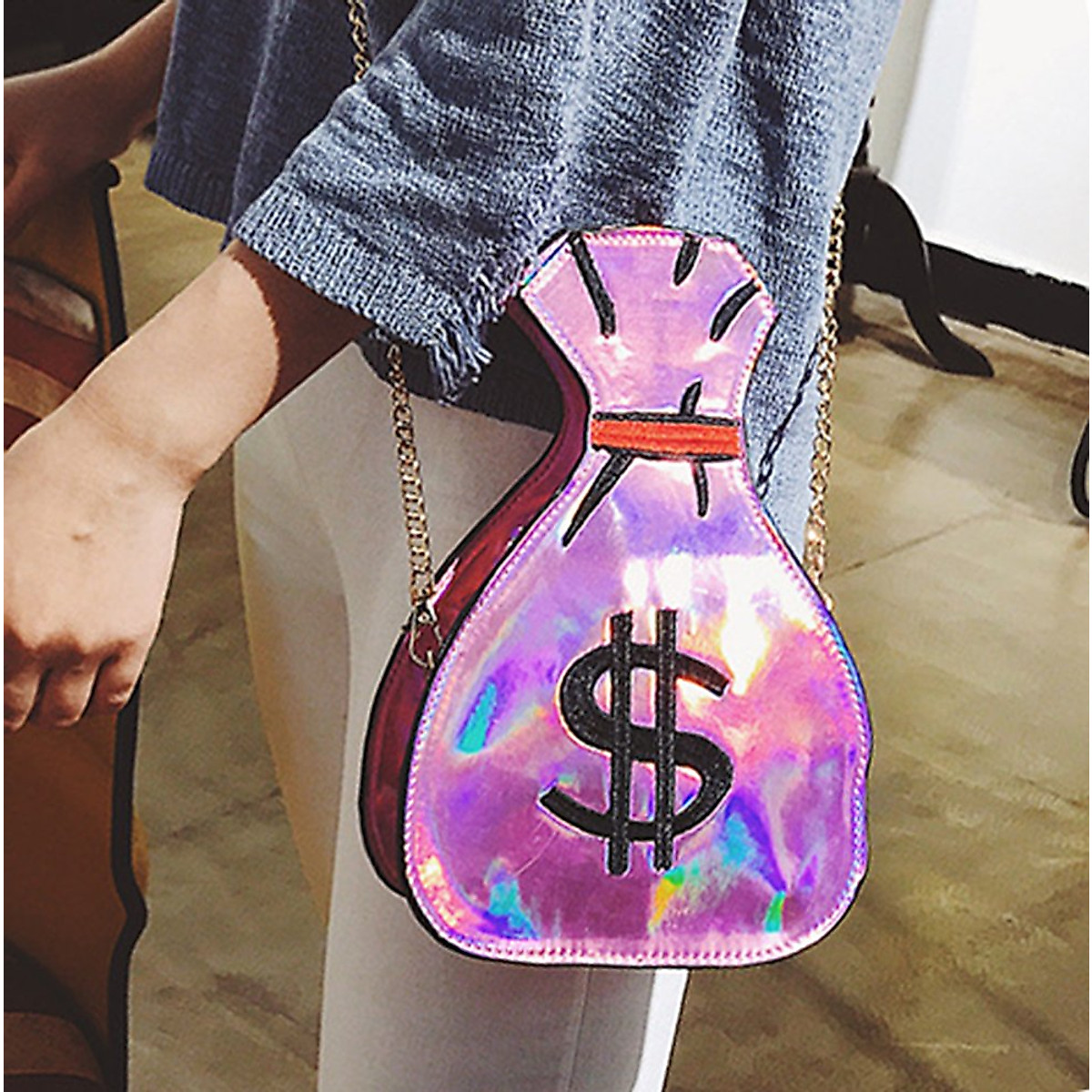 Women's PU Hologram Laser Money Bag Design Purse Handbags Cross-Body Messenger Shoulder Bag A-pink
