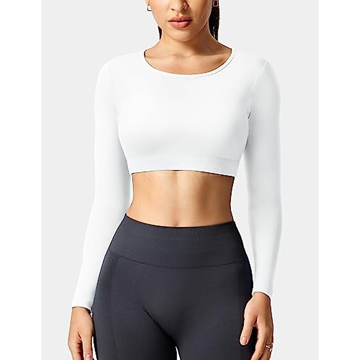YEOREO Ultimate Workout Crop Tops for Women Long Sleeve Open Back Shirts Padded Bra Backless Yoga Gym Tops White L