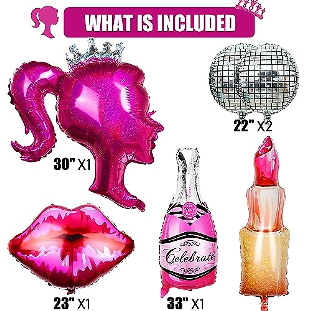 13pcs Hot Pink Princess Girl Doll Foil Balloon Lip Letter LETS GO Party Silver Disco ball Balloon Photo Prop For Barbie Theme Party Decorations Backdrop Bachelorette Party Adult Women Birthday Supply