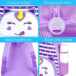 FTJCF 3PCS Toddler Backpack for Girls, 12" Unicorn Kindergarten Bookbag, Preschool Kids School Bag with Lunch Box - Purple