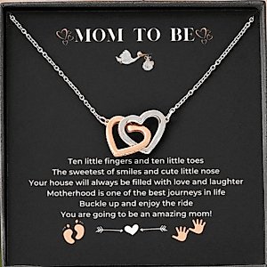 Mom to Be Gift - Sterling Silver S925 Interlock Heart Necklace with a Message Card Pregnancy Gifts for First Time Moms Expecting Women Pregnant Wife Valentine's Mother's Day Christmas Birthday