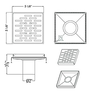 ALFI brand ABSD55C 5" x 5" Modern Square Stainless Steel Shower Drain with Groove Holes, Silver