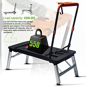 Evcitn Portable Workbench,7-in-1 Work Benches for Garage,45”Folding Work Table,Used as Car Creeper,Sawhorse,Platform,Scaffold,Hand Truck with 4 Wheels,550lbs Load Capacity