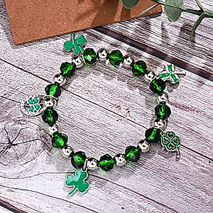 PHALIN St.Patrick’s Day Bracelets Lucky Leaf Shamrock Charm Bracelet for Women Girls Green Beaded Stretch Bracelet Festive Costume Party Accessory Gifts, crystal