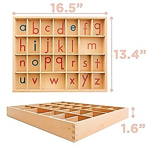 Movable Alphabet Montessori Wooden Letters- Moveable Alphabet with Box Letter Mats - Lower Case Letters - Writing, Reading, Spelling, and Language Learning Materials (Red and Blue)