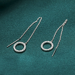 Cowlyn A Pair 925 Sterling Silver Earrings Tassel Threader Long Chain Ear Line Round Cubic Zirconia Drop Dangle Hypoallergenic Jewelry for Women