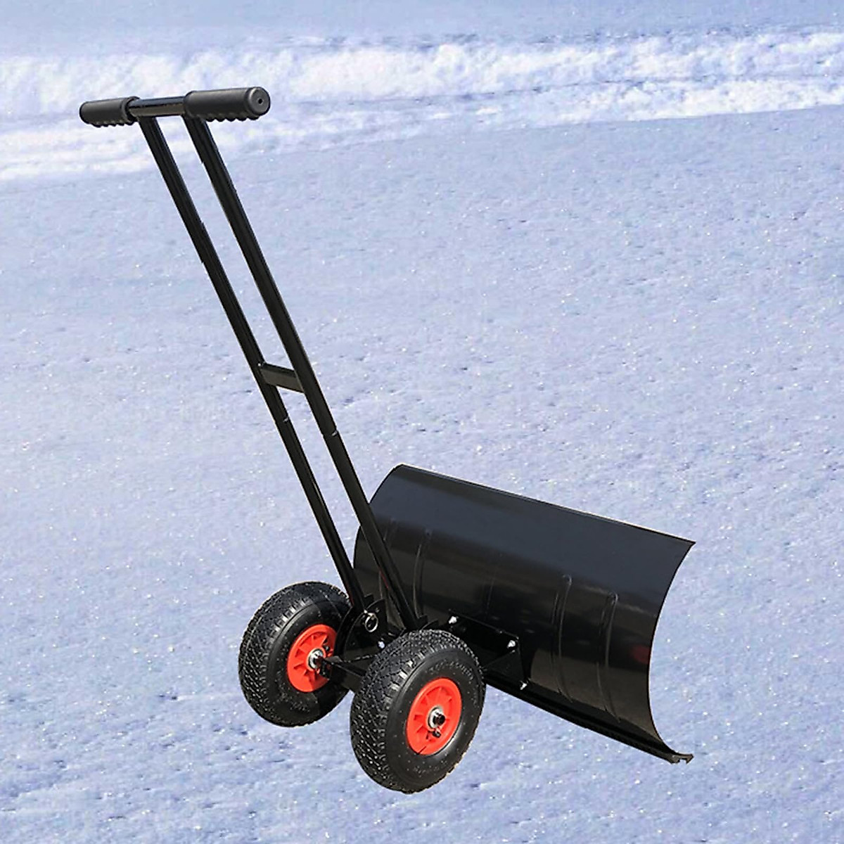 Snow Pusher, Snow Shovel with Wheels, 29" Wide Snow Plow Shovel Wheeled, Double Push Rod Design, Angle and Height Adjustable, Snow Shovel for Driveway Garden Pavement