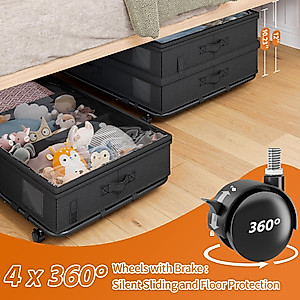 EnHomee Under Bed Storage with Wheels Underbed Storage with Wheels Under Bed Storage Containers with Clear Windows 134 QT Double Layer Large Capacity Under Bed Storage with Sturdy Handle (Black 2Pcs