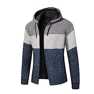 Maiyifu-GJ Men Long Sleeve Full Zip Knitted Hoodie Lightweight Patchwork Hooded Sweater Slim Fit Color Block Hoodies Cardigan (Blue,Medium)