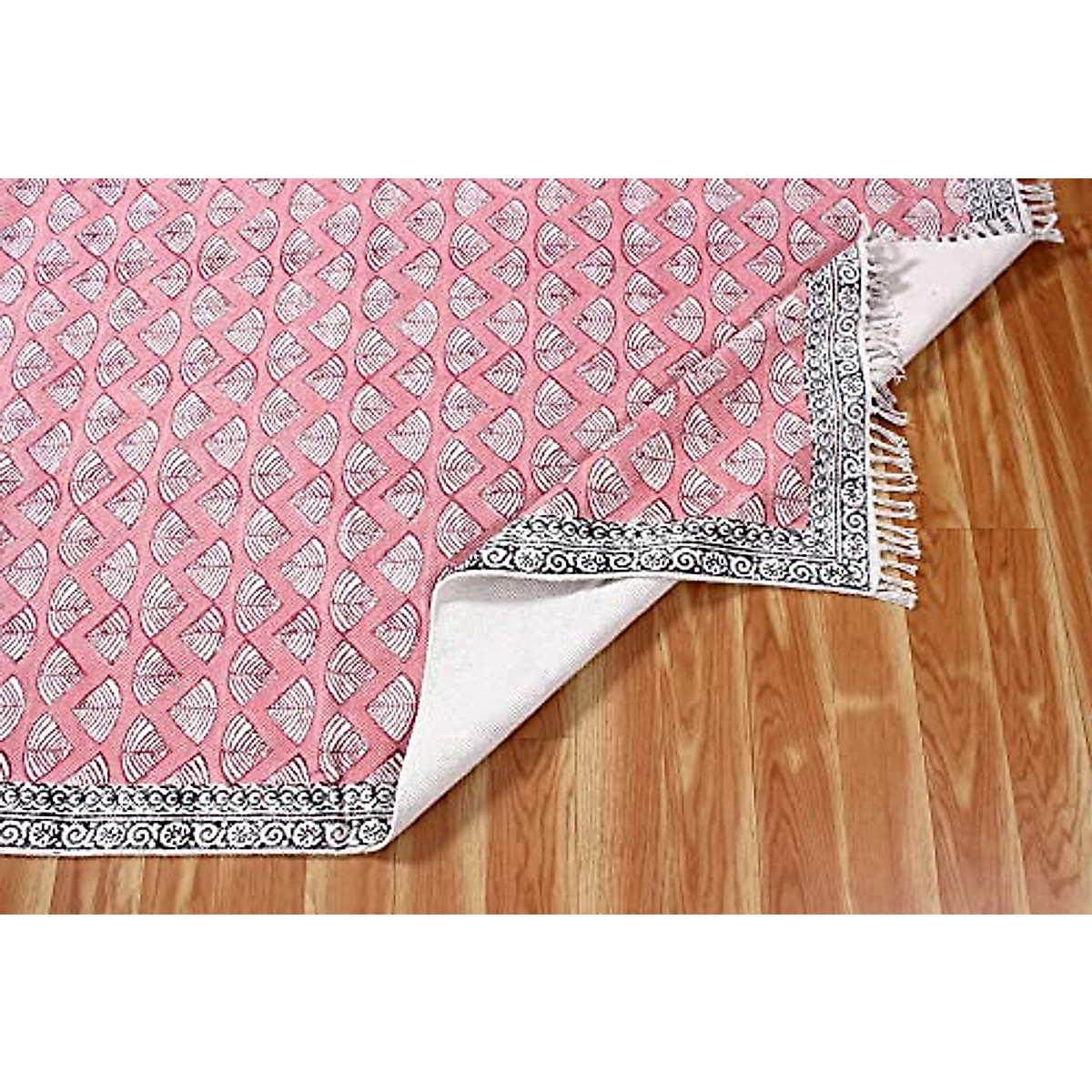 Casavani Indian Handmade Cotton Dhurrie Bordered Pink & Beige Area Rug Boho Kilim Flat Weave Rug Indoor Hall Room Decor Carpet Throw Rugs for Bedroom Living Room Bathroom Balcony 3x10 Feet Runner