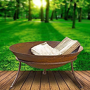 WHW Whole House Worlds 2 Piece Americana Fire Pit Set, Wide Bowl, Raised Tripod Stand, Vintage Style Rusty Finish, Iron, 18 1/2 Diameter x 9 H Inches