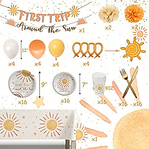 First Trip Around The Sun Birthday Decoration- Boho Sun Theme Tableware Set Include Sun Plates,1st Trip Around The Sun Banner,Sun Boho Tablecloth,Boho Balloons for Sunshine 1st Birthday Supplies