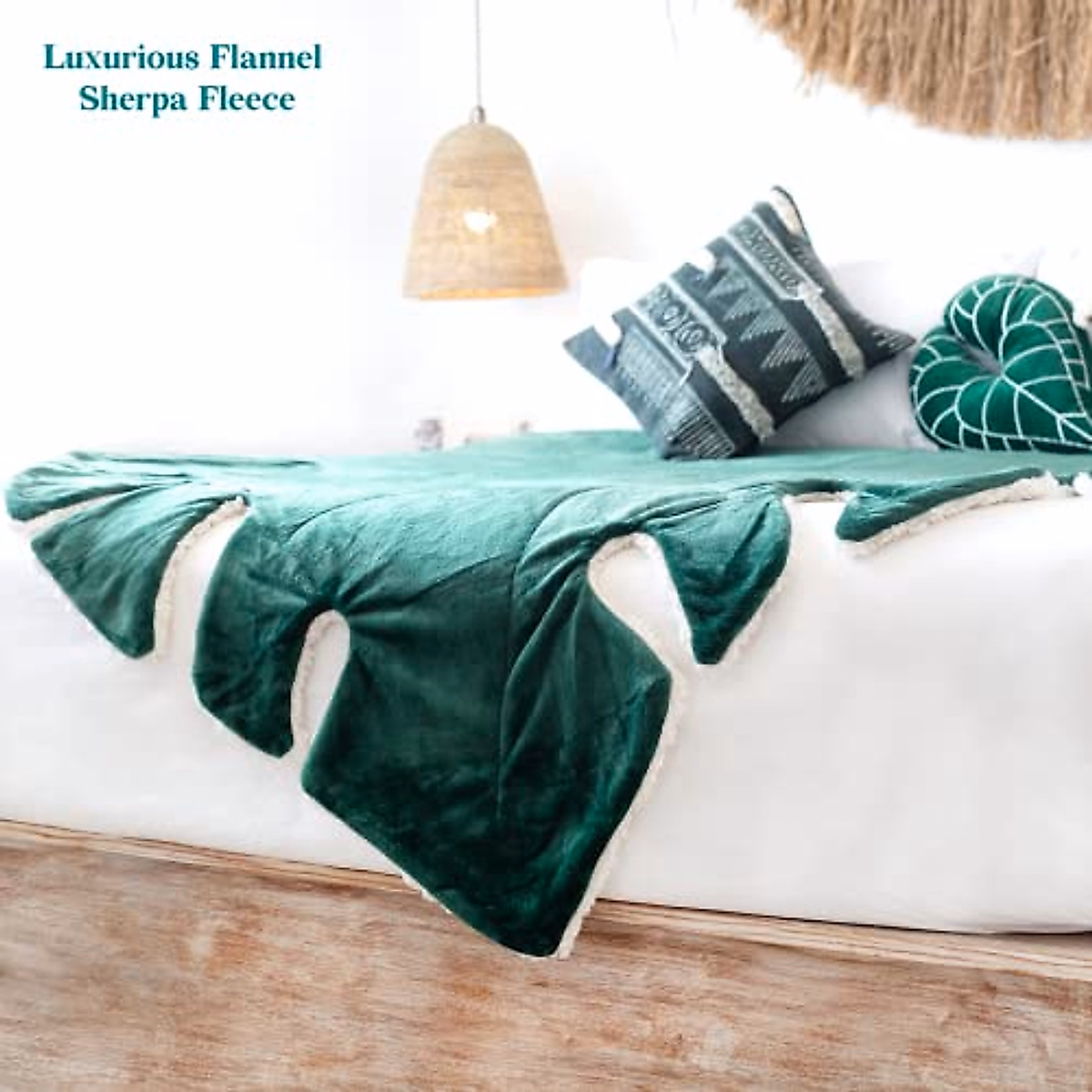 FrecklePot Giant Monstera Leaf Flannel Sherpa Fleece Throw Blanket Quilted Large Velvet Tropical Plant 2m x 2m