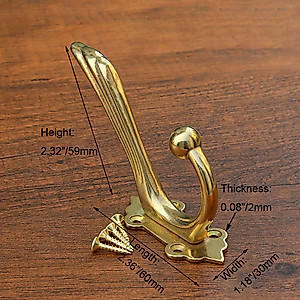 Tiazza 2Pcs Antique Solid Brass Clothes Hooks, Entryway Coat Hooks, Scarf and Jacket Hangers, Bath Towel Heavy Hooks (Gold)