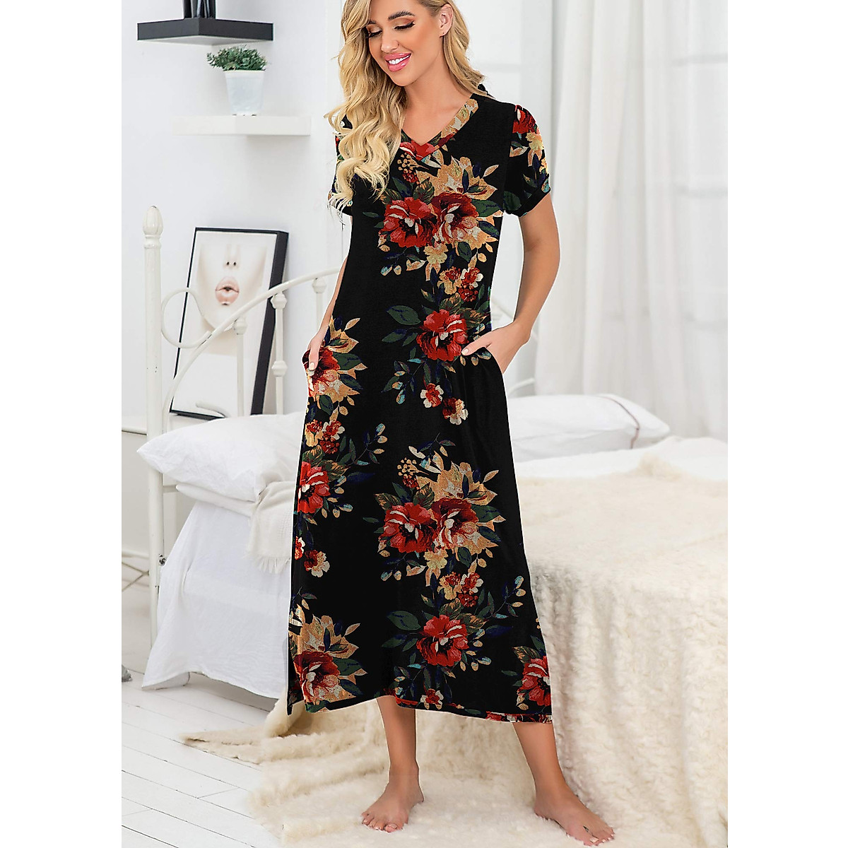 PrinStory Womens Long Nightgown Short Sleeve Nightshirt V-Neck Soft Loungewear Casual Sleepwear With Pockets FP-Brown Black-Large