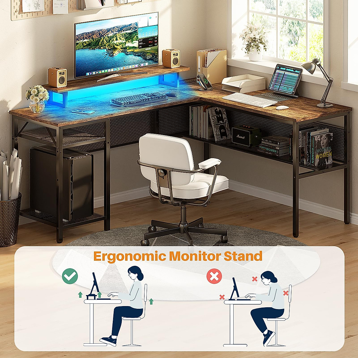 Hyomdeck Reversible L Shaped Computer Desk with Power Outlet & Monitor Stand, 55 Inch Gaming Desk with RGB LED Light, Sturdy Office Corner Desk with Storage Shelf, Easy to Assemble, Rustic Brown