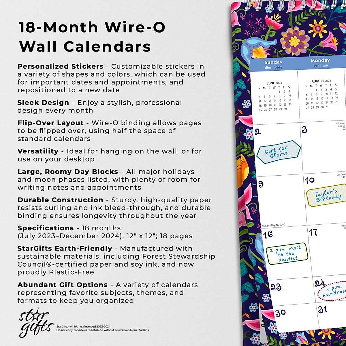 Floral Splendor | 2024 12 x 12 Inch 18 Months Monthly Square Wire-O Calendar | Sticker Sheet | July 2023 - December 2024 | StarGifts | Stationery Planning