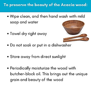 BIRDROCK HOME 3 Piece Wooden Salad Serving Bowl and Utensils | Acacia Wood Server Set | Salad, Fruit or Side Hands | Large