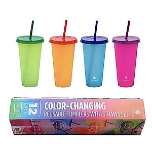 Manna 24oz Color Changing Reusable Cup Set - 12-Piece - Lime, Orange, Blue Sky, Pink