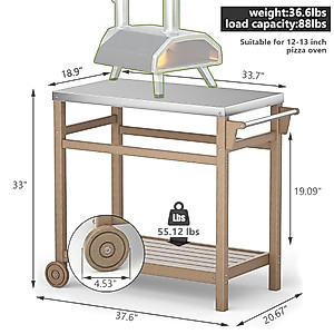 TORVA Outdoor Prep Grill Carts, 303 Stainless Steel Tabletop with High Load Capacity Portable BBQ Table, HDPE Durable Frame 2-Tier Storage Cart, Wood