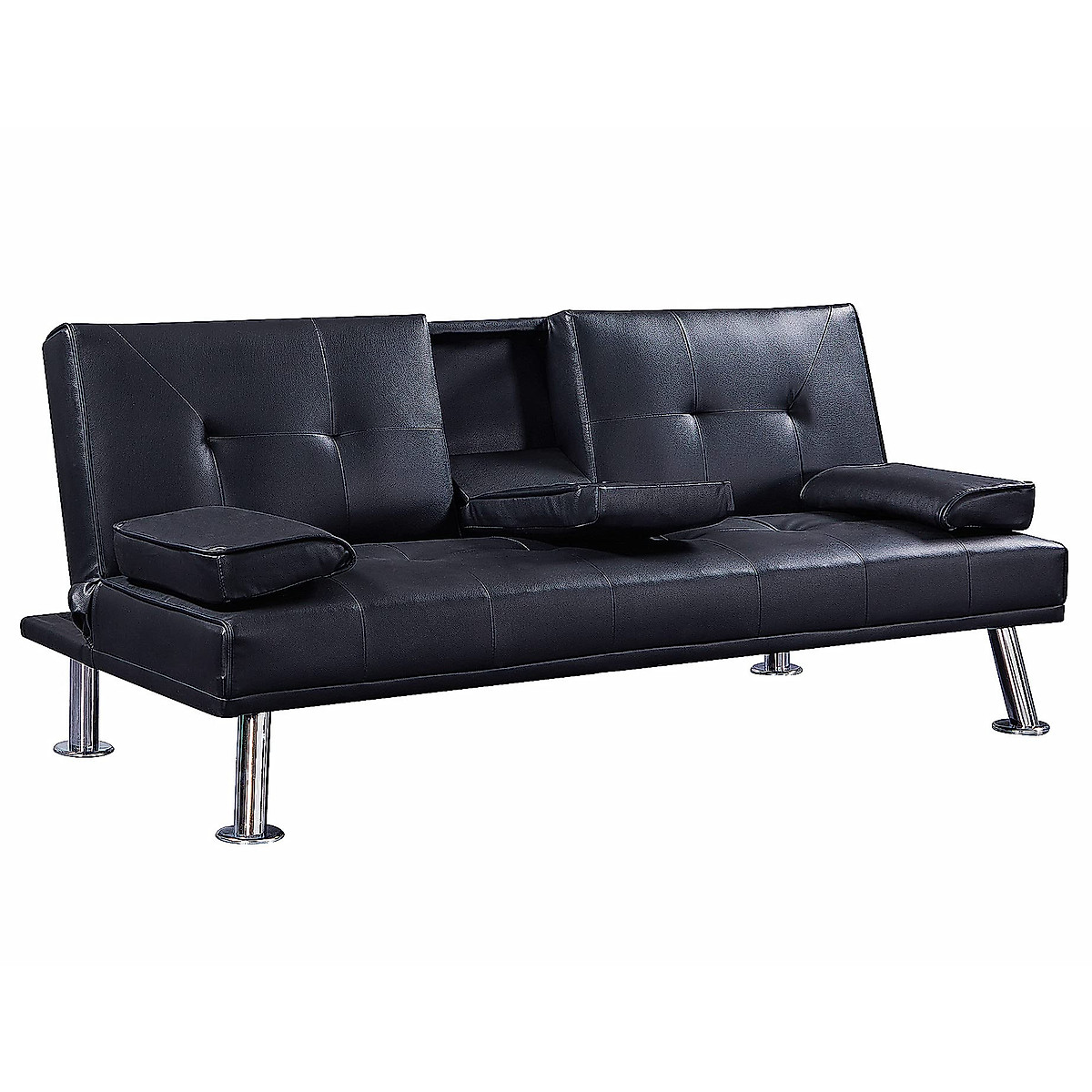 hansones Futon Sofa Bed Modern Linen Fabric Couch Bed Loveseat Convertible Daybed with 2 Cup Holders and Removable Armrests for for Compact Living Space Apartment Dorm Office (Black)