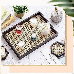 Rectangle Rattan Hometray Serving Tray with 4 Pcs Hexagon Rattan Black Coasters Ottoman Food Tray Rattan Decorate Basket Tray with Wooden Frame for Coffee Breakfast Drink Jewelry Accessory Square Tray