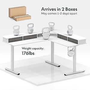 FLEXISPOT L Shaped Standing Desk with Shelf Electric Corner Table, Drawers, Adjustable Computer Workstation for Home, Office,USB Charging Port, 63x55in, White Top + White Frame