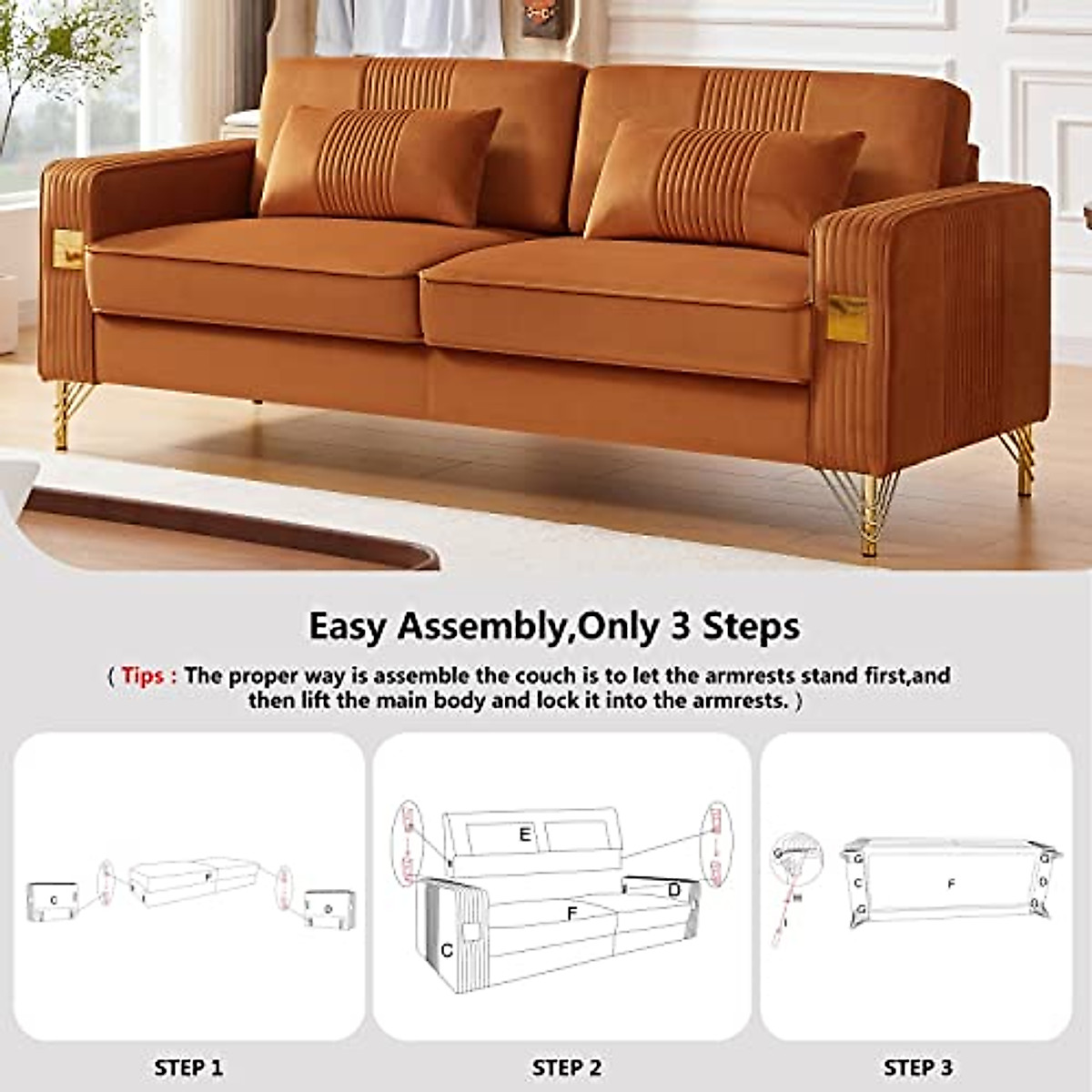 Betoko Velvet Upholstered Sofas Couches for Living Room Modern Contemporary Channel Tufted 3 Seater Sofa Couch with Golden Metal Legs for Bedroom Office and Small Spaces (Camel)