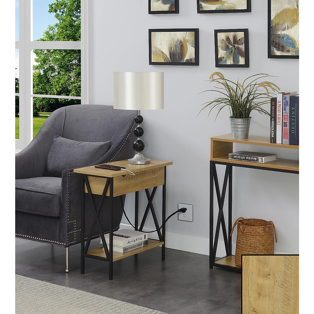 Convenience Concepts Tucson Flip Top End Table with Charging Station and Shelf, 23.75"L x 11.25"W x 24"H, English Oak/Black