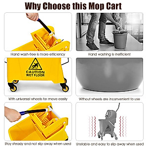 S AFSTAR 20L/21 Quart Commercial Mop Bucket with Wringer, Portable Mop Bucket with Wheels & Handle, Household Mop Wringer Bucket for Home Office Market Restaurant Hotel (Yellow)