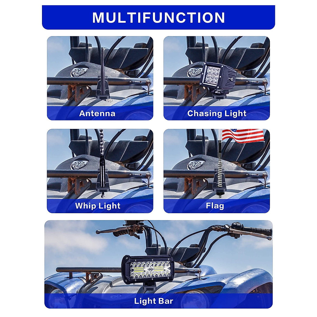 ZIDIYORUO Whip Light Mounts for ATV, Quad ATV Light Mounts Fit 0.875", 1", 1.125" Rack Bars and Bandlebars, Adjustable ATV Mount Made of Alloy Aluminum, Easy Installation (2 pcs Black)