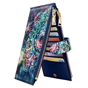 Coco Rossi Wallets for Women Floral Pattern Wallet Multi Card Organizer Bifold Wallet with Zipper Pocket,Mandala Nebula