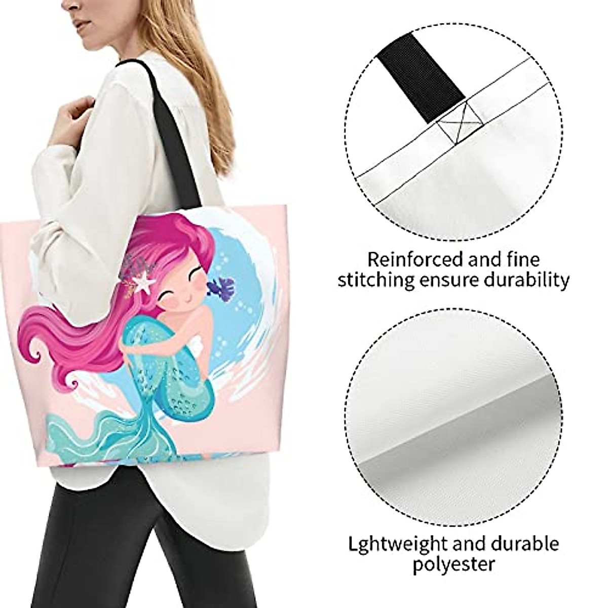 Famame Cute Mermaid Girl Canvas Tote Bag Large Women Casual Shoulder Bag Handbag Reusable Multipurpose Shopping Grocery Bag For Outdoors