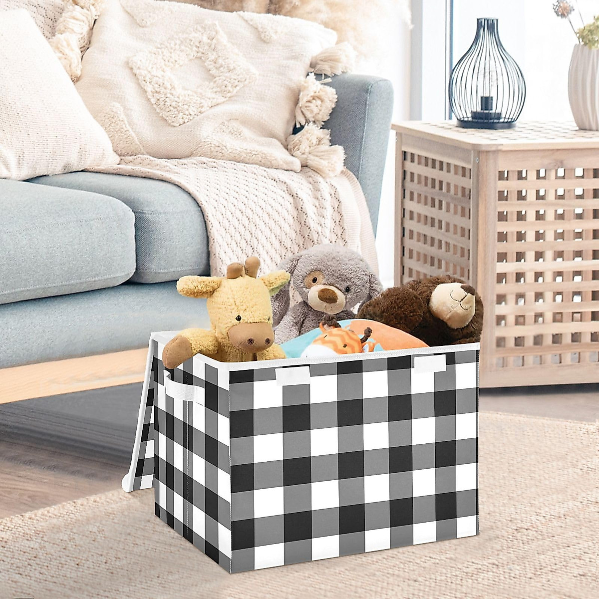 Black White Buffalo Plaid Storage Bins with Lids Storage Containers Cubes Box Collapsible Closet Organizer Fabric Storage Basket for Bedroom Clothes Shelves Office Nursery Gifts Home Decor
