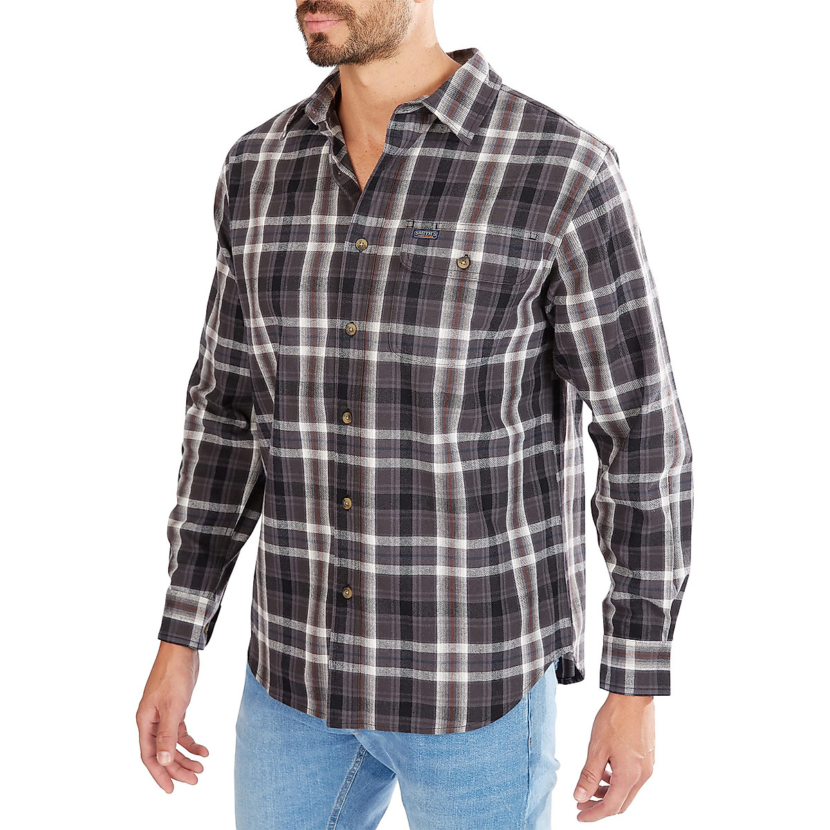 Smith's Workwear Men's Plaid Pocket Flannel Button-Up Shirt, Charcoal-445, XL