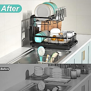 Loftiage Dish Drying Rack with Extra Sponge Holder for Kitchen Counter Sink, 2 Tier Large Dish Drainer Racks, Adjustable Spout Dish Strainer with Drainboard, Utensils, Cutlery Holder, Black