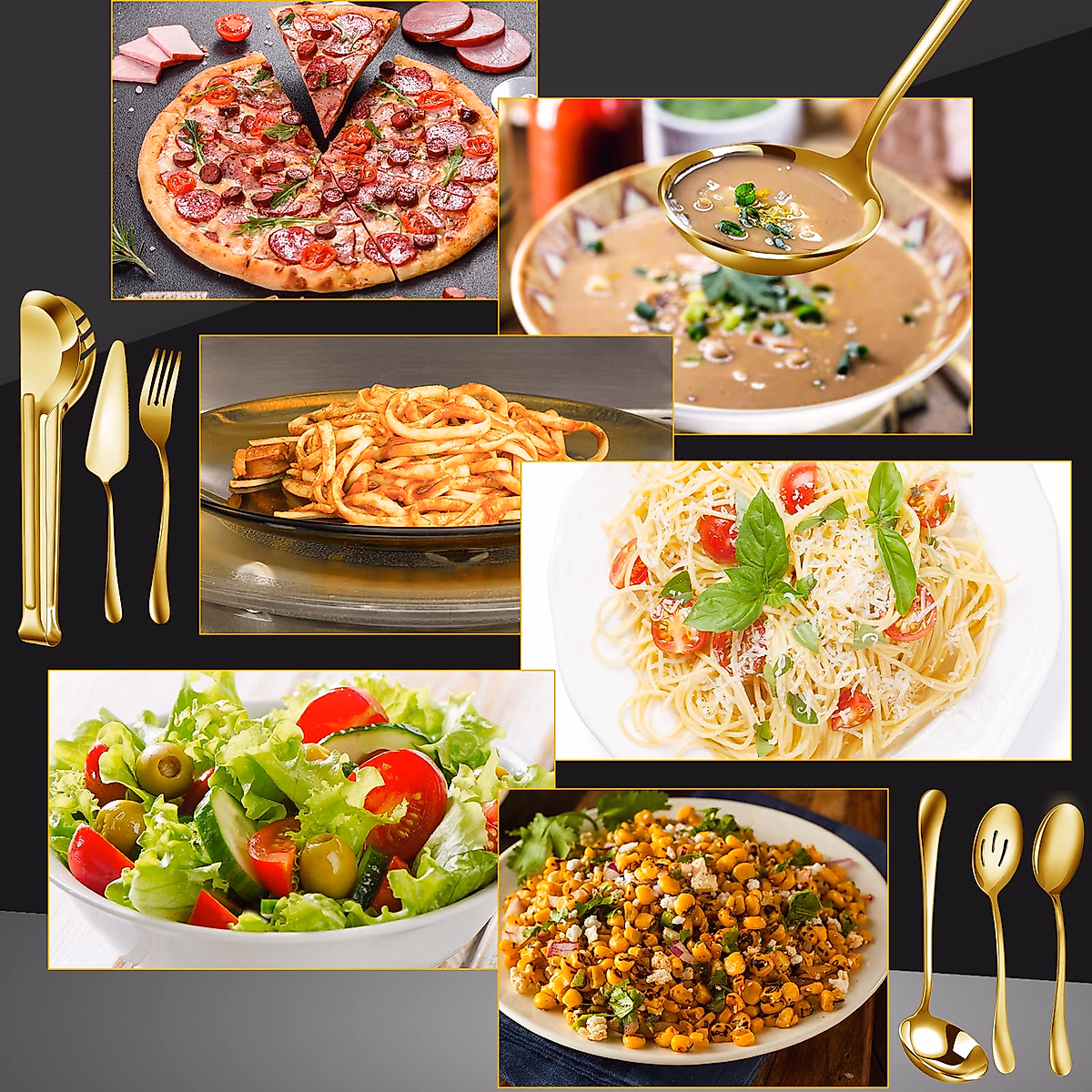 30 Pcs Stainless Steel Serving Utensils Set Serving Flatware Set Include Large Serving Spoons Slotted Spoons Serving Forks Soup Ladle Pie Server and Serving Tongs for Buffet Party (Gold)