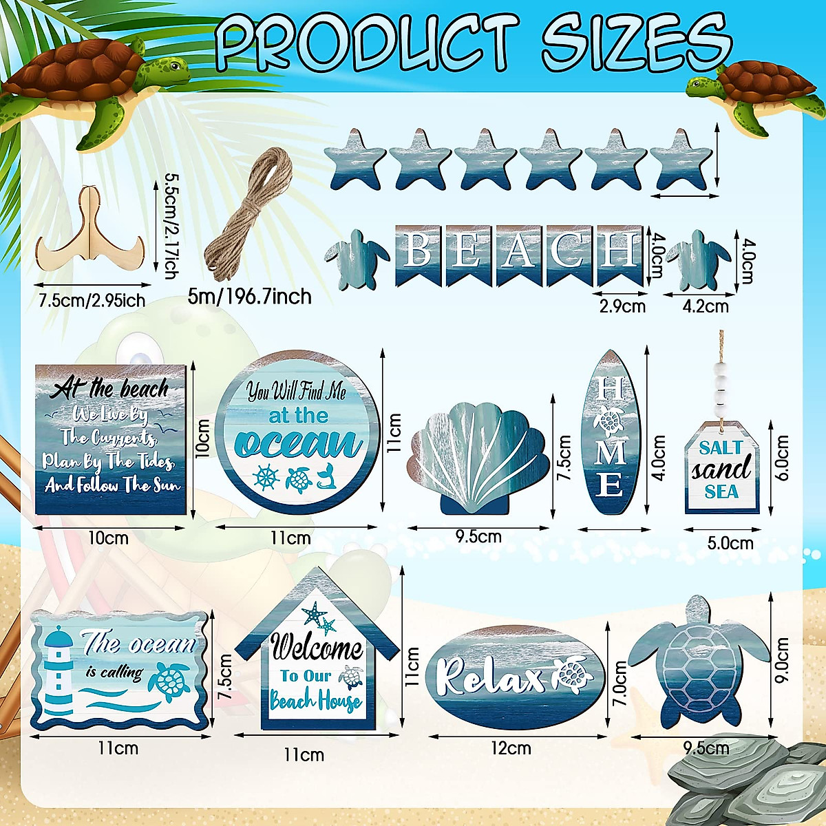 Maitys 21-Piece Hello Summer Beach Tiered Tray Decor Set - Wooden Sea Turtle Tabletop Items - Graduation & Summer Party Decoration