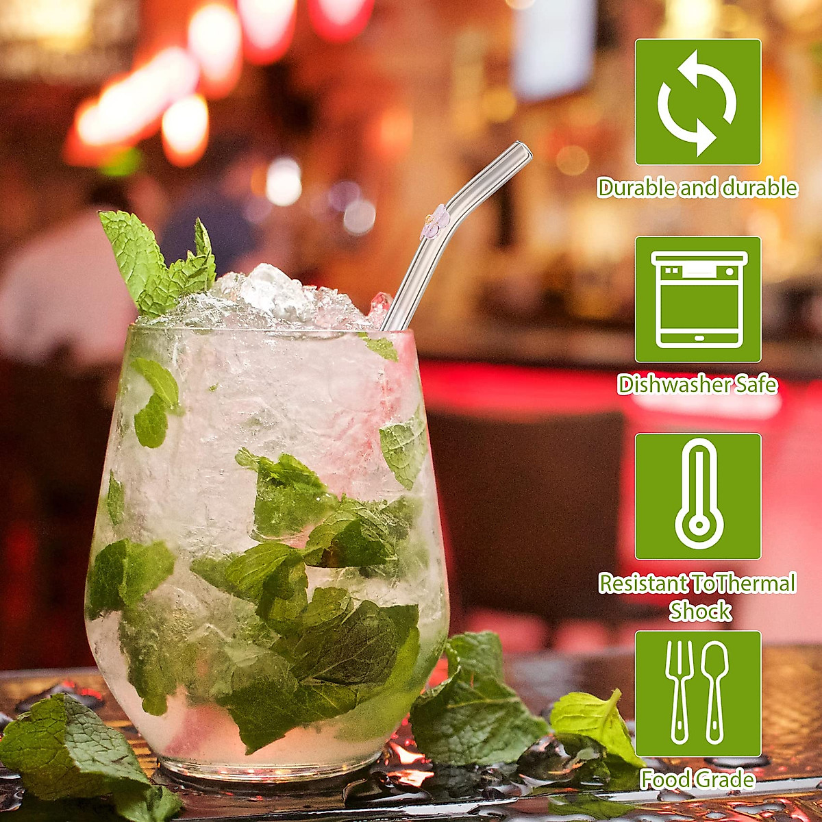 Reusable Glass Straw Shatter Resistant, Clear Glass Straws with Flowers, Cute Glass Straws for Smoothies and Normal Liquid Drinks, 6 Bent Straw with 2 Cleaner Brush