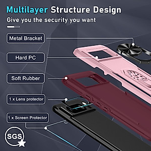 Janmitta for Google Pixel 8 Pro Case with Screen Protector + Camera Lens Protector,Heavy Duty Shockproof Full Body Protective Cover Built in Rotatable Metal Ring Holder Kickstand,2023 Cute Pink