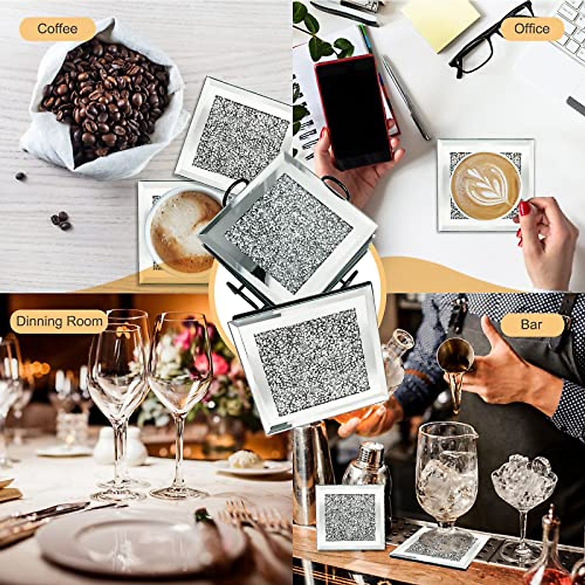 6 Sets Glass Mirrored Drink Coasters with Holder, DILIBRA Modern Bling Bling Crystal Cup Coasters for Dirnk, 4x4 Inches Crushed Diamond Glass Plates - Avoid Furniture Being Scratched and Soiled