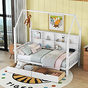 Bellemave Full House Bed with Storage Drawers, Full Size Kids Montessori House Bed with Shelves, Wood Tent Cabin Beds Frame for Girls Boys Teens, White