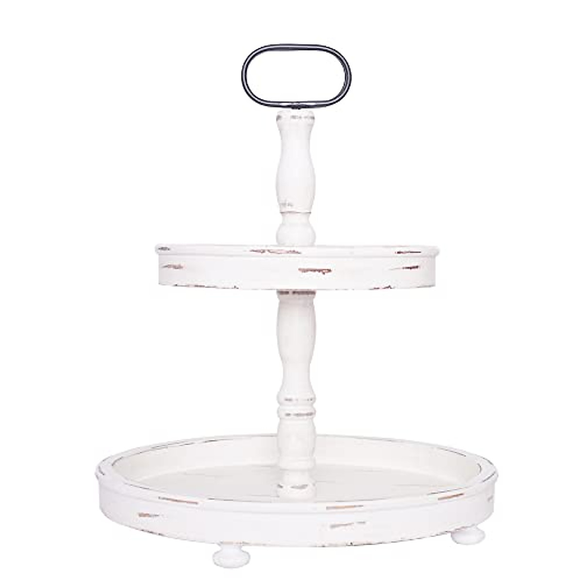 MAONAME Distressed White Tiered Tray, Wooden 2 Tier Tray with Metal Handle, 14.5" x 14.5" x 18", Farmhouse 2 Tier Tray Decor, Rustic Two Tiered Tray for Seasonal Decorations