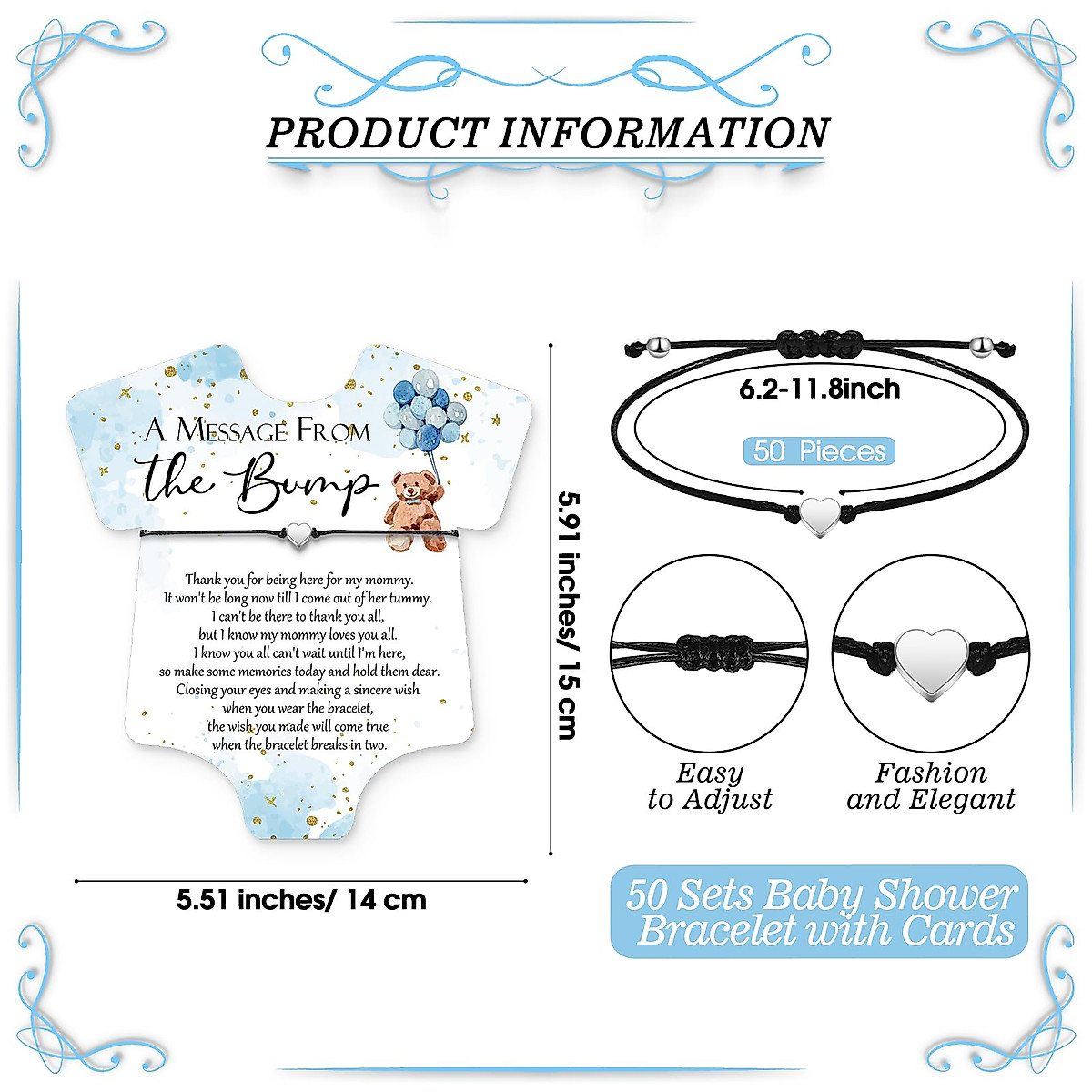 Chuangdi 50 Sets Baby Shower Bracelets Party Favors for Guests a Message from the Bump Adjustable Cute Heart Bracelets Thank You Card Bracelets for Gender Reveal Thank You Gifts(Blue)