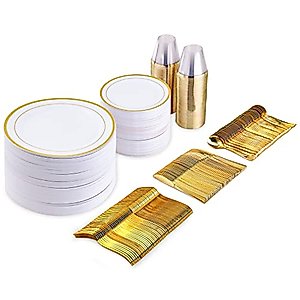 Vplus 600 Count Gold Dinnerware Set, 200 Plastic Plates, Set of 300 Silverware, 100 Cups, Disposable Gold Plastic Dinnerware for Party or Wedding