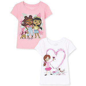 The Children's Place Baby Toddler Girls Short Sleeve Graphic T-Shirt 2-Pack, Girl & Dog/Girls & Cat, 3T